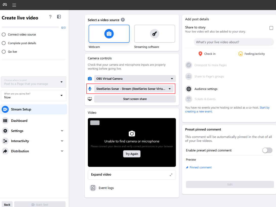 Setup with Facebook live – Support